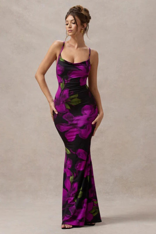 Floral Cross-Strap Maxi Party Dress – DressBetty