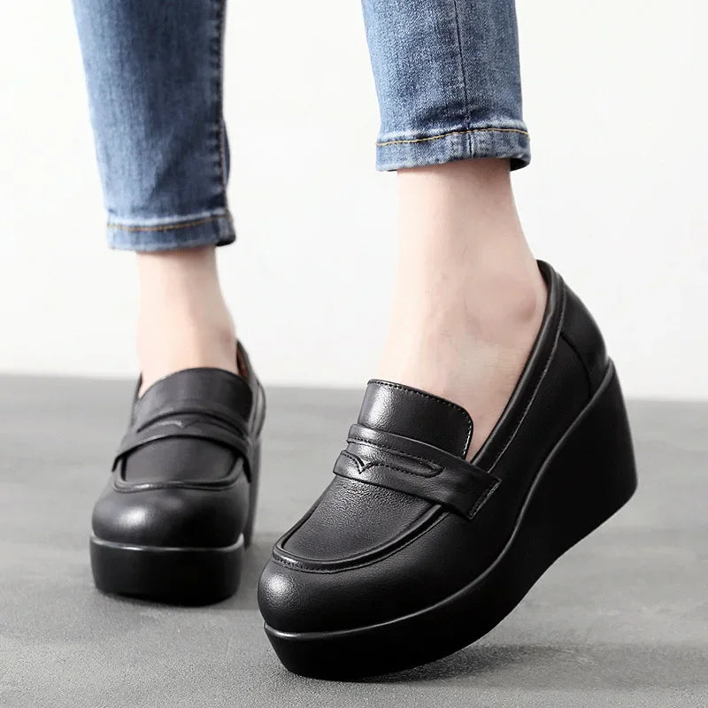 Vintage Leather Platform Wedges Black Genuine Office Fur Med Heels Loa ...