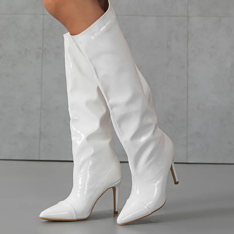 Modern Pointed Toe Slim High Heeled Patent Leather Pleated Knee-High H ...