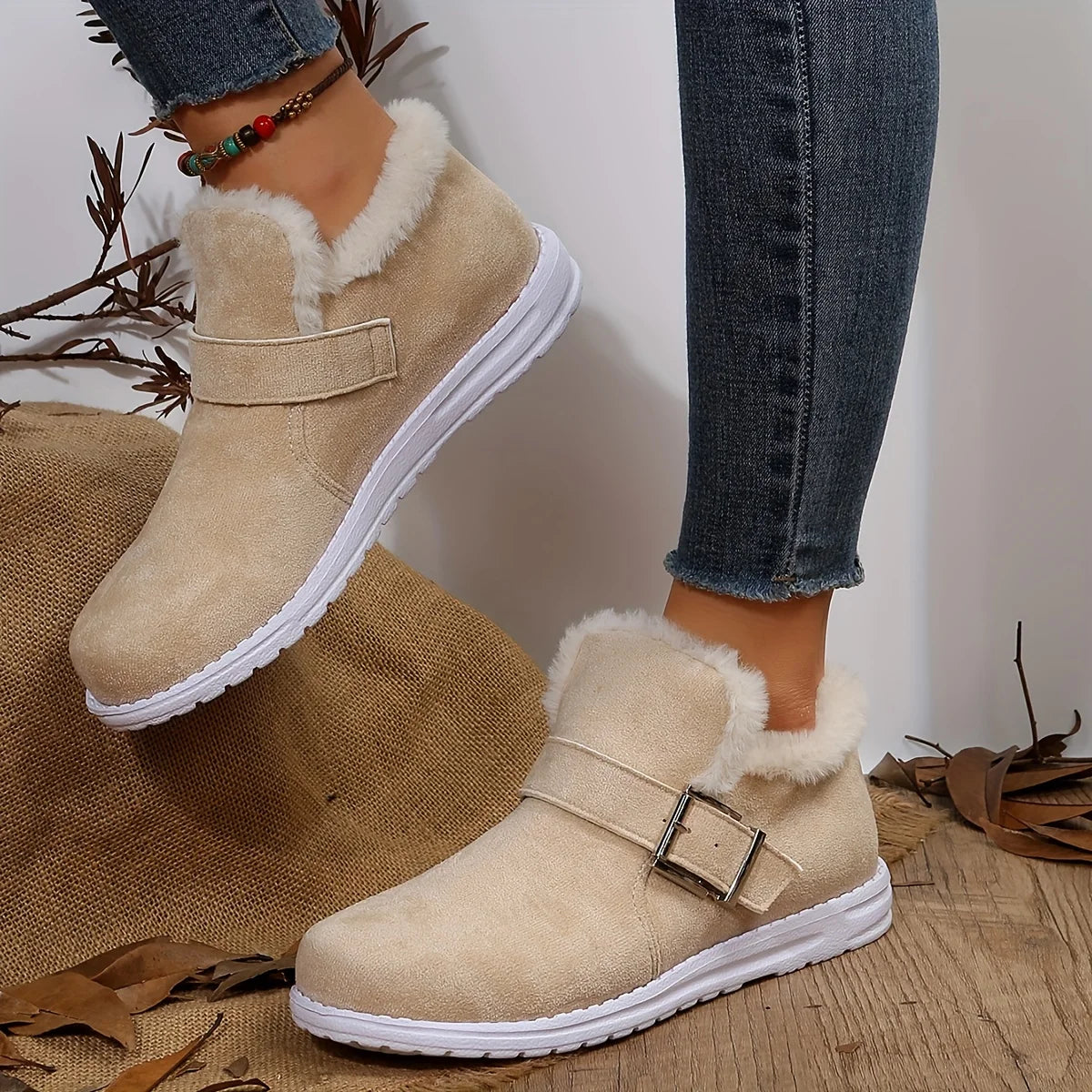 Plush Lined Flat Winter Warm Buckle Strap Slip-on Snow Boot – DressBetty