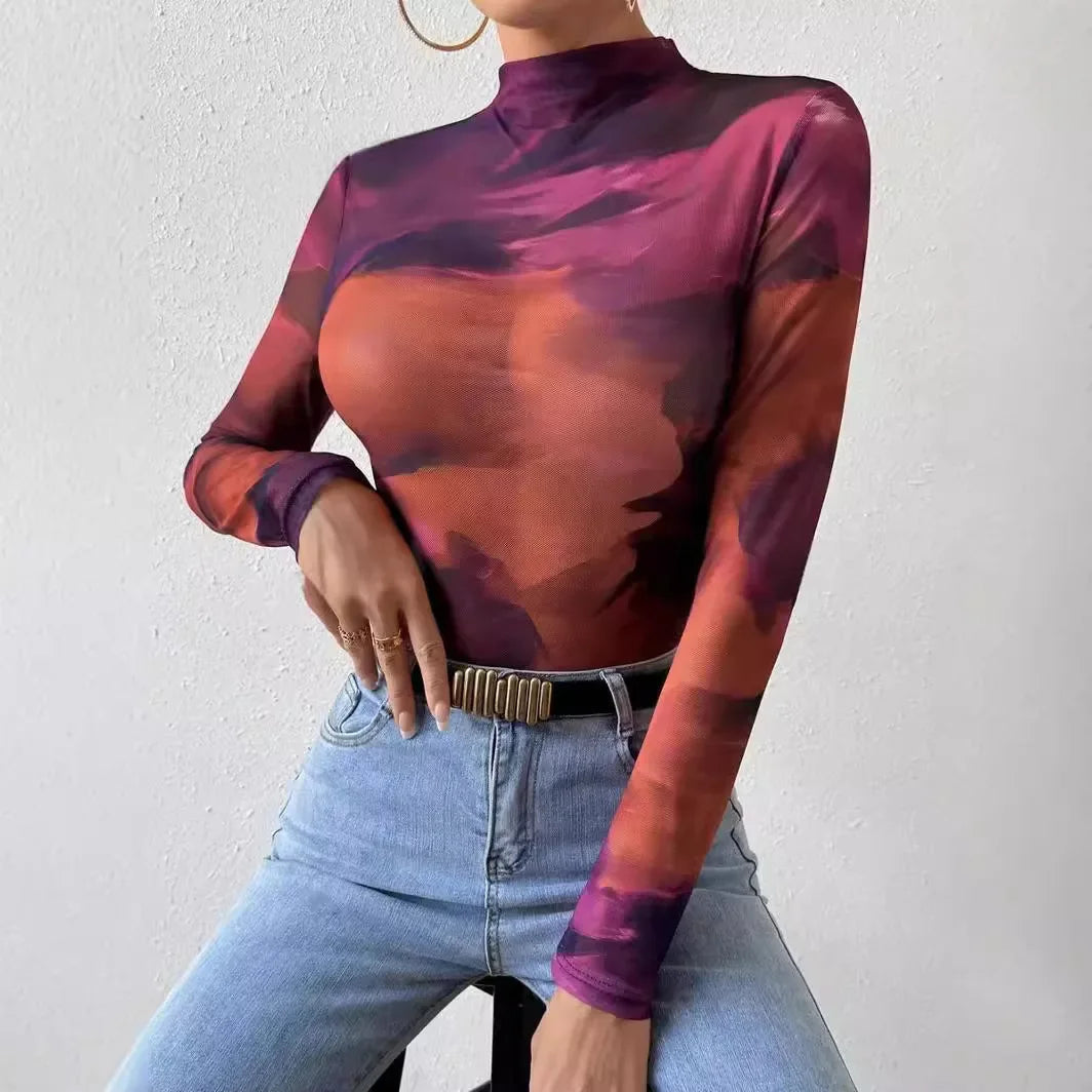 Gradient Patchwork Slim Fit Sheer Top – DressBetty