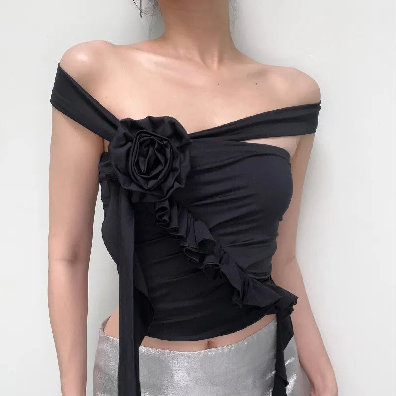 Gothic Backless Aesthetic Flower Ruffles Off Shoulder Crop Top – DressBetty
