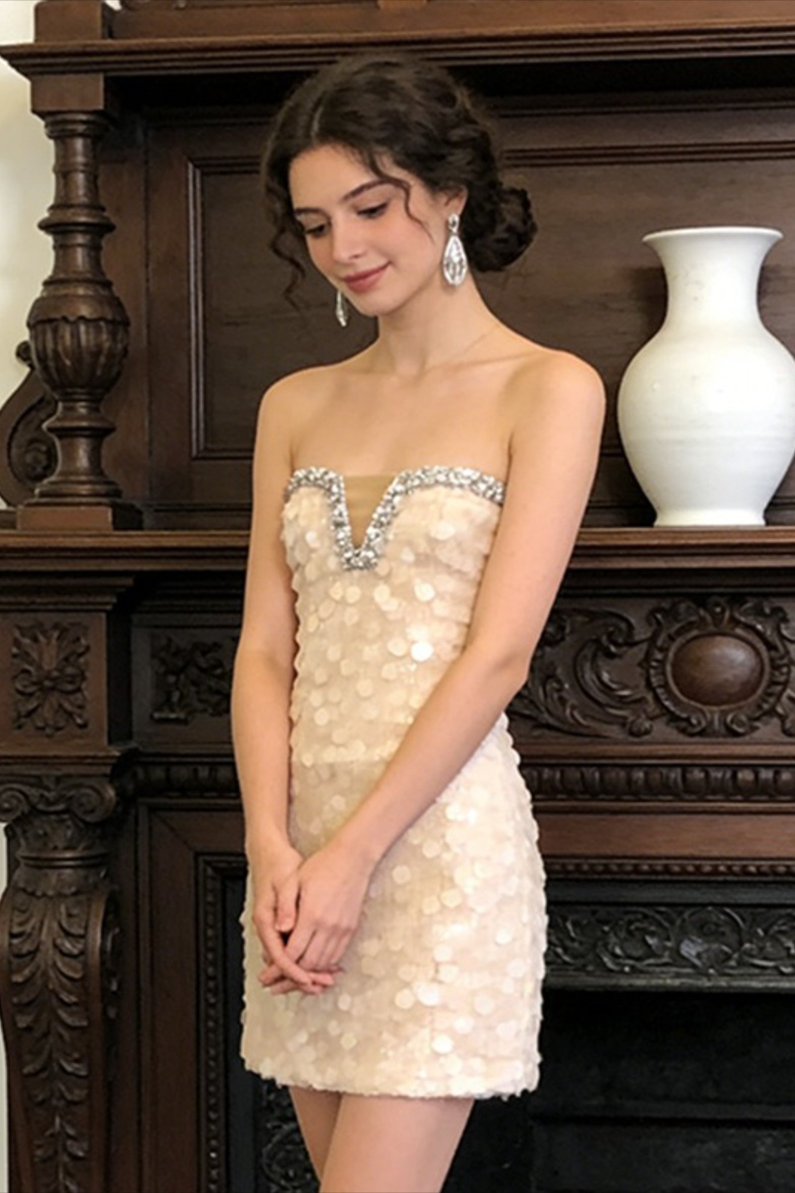 French Sequin Strapless Mini Graduation Party Dress – DressBetty