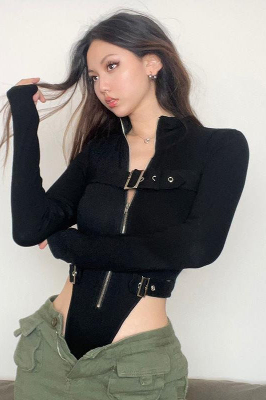 Techwear Metal Buckle Zipper High Waist Split Bodysuit – DressBetty
