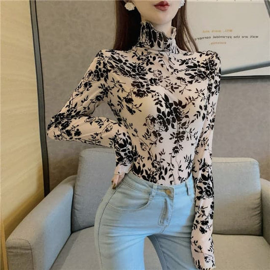 DressBetty - Girls Transparent Flocking Mesh Blouses Shirts Tees Femal